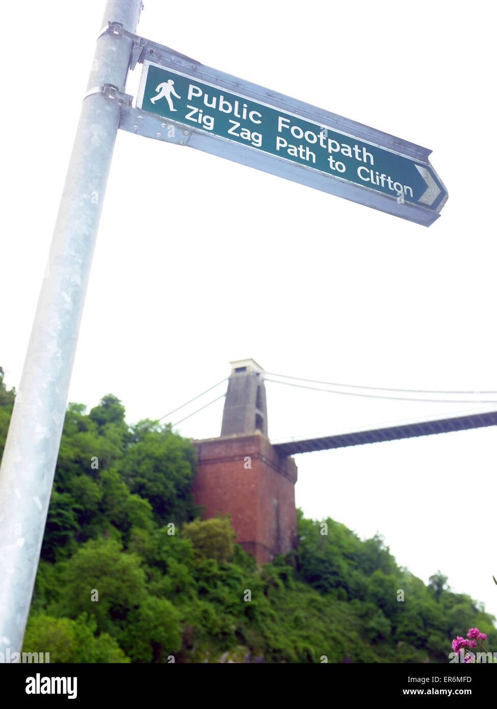 A pedestrian signpost at the base of the Clifton Suspension Bridge in ...