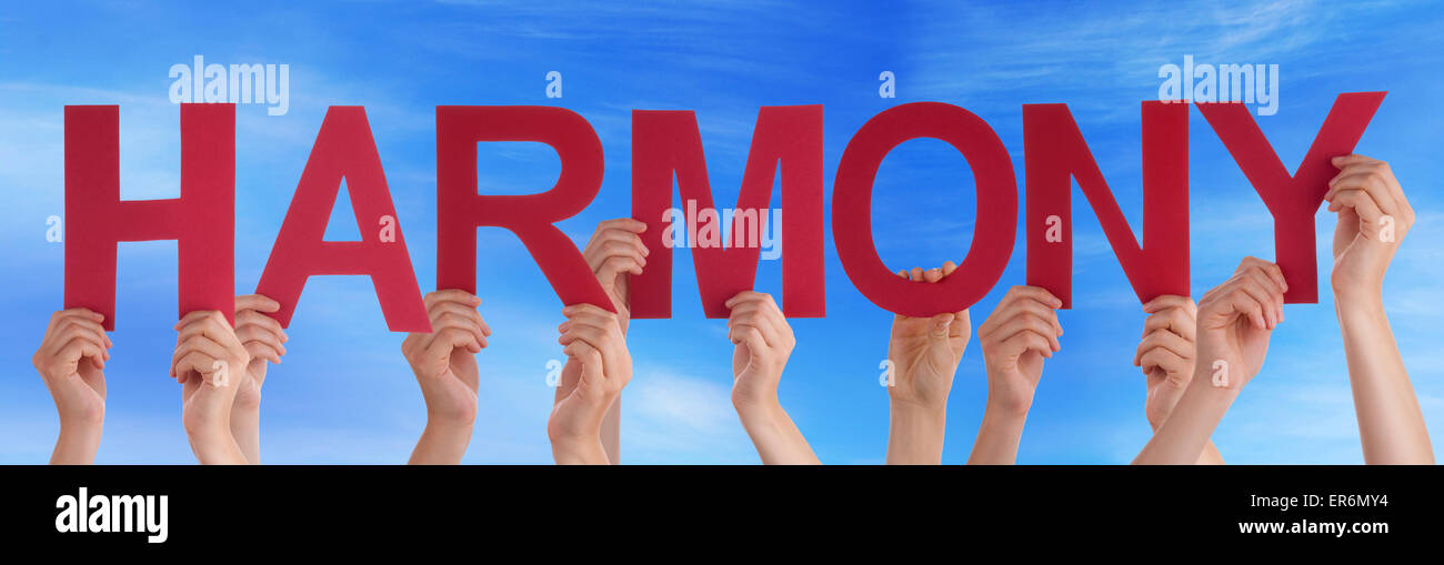 Hands Holding Red Straight Word Harmony Blue Sky Stock Photo - Alamy