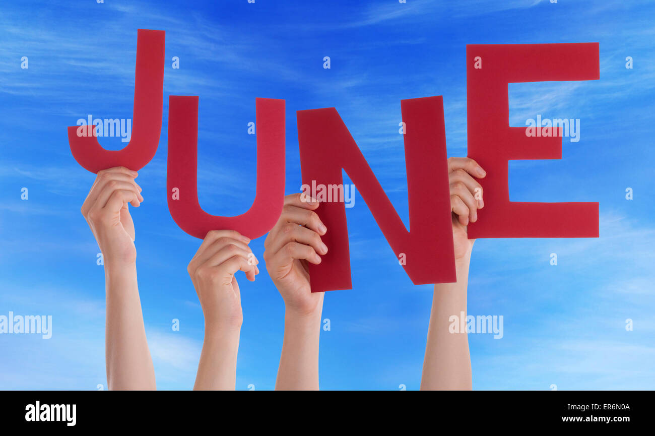 Many People Hands Holding Red Word June Blue Sky Stock Photo - Alamy