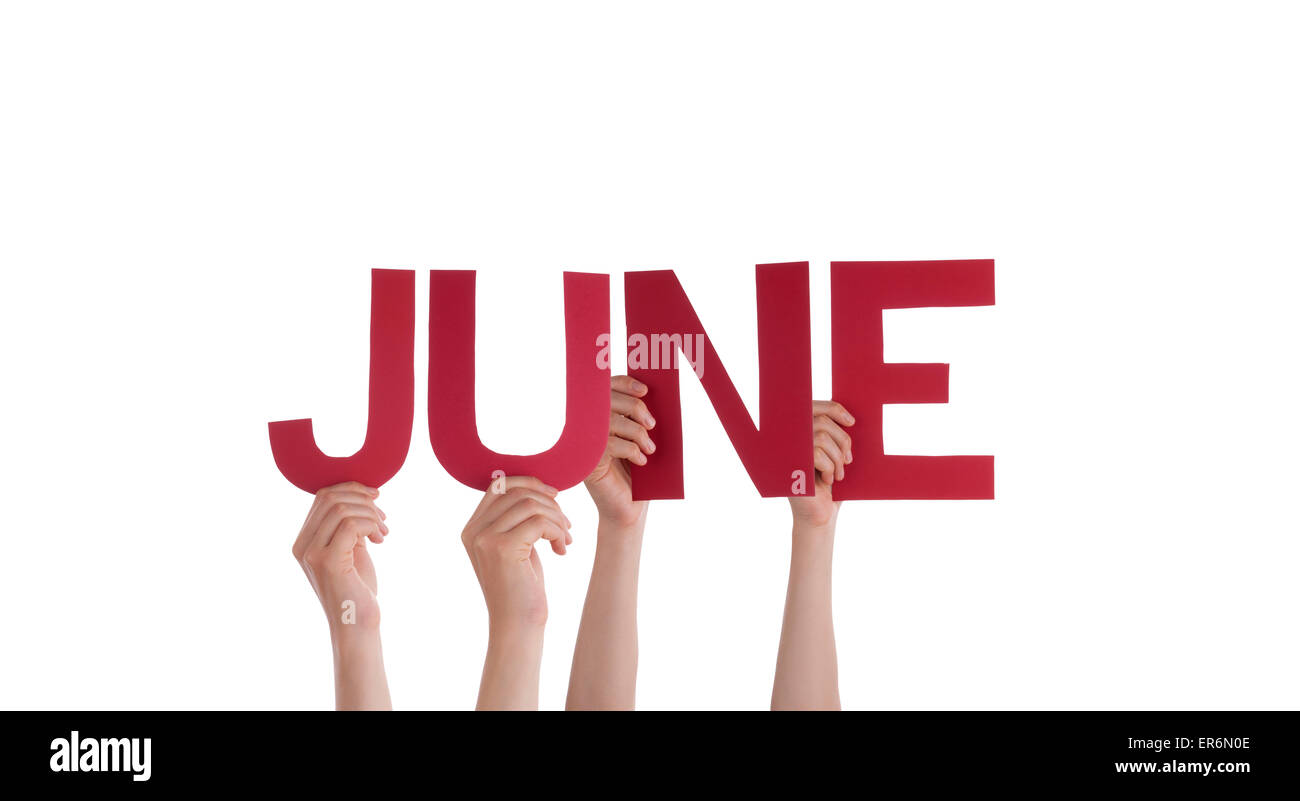 Many People Hands Holding Red Straight Word June Stock Photo - Alamy