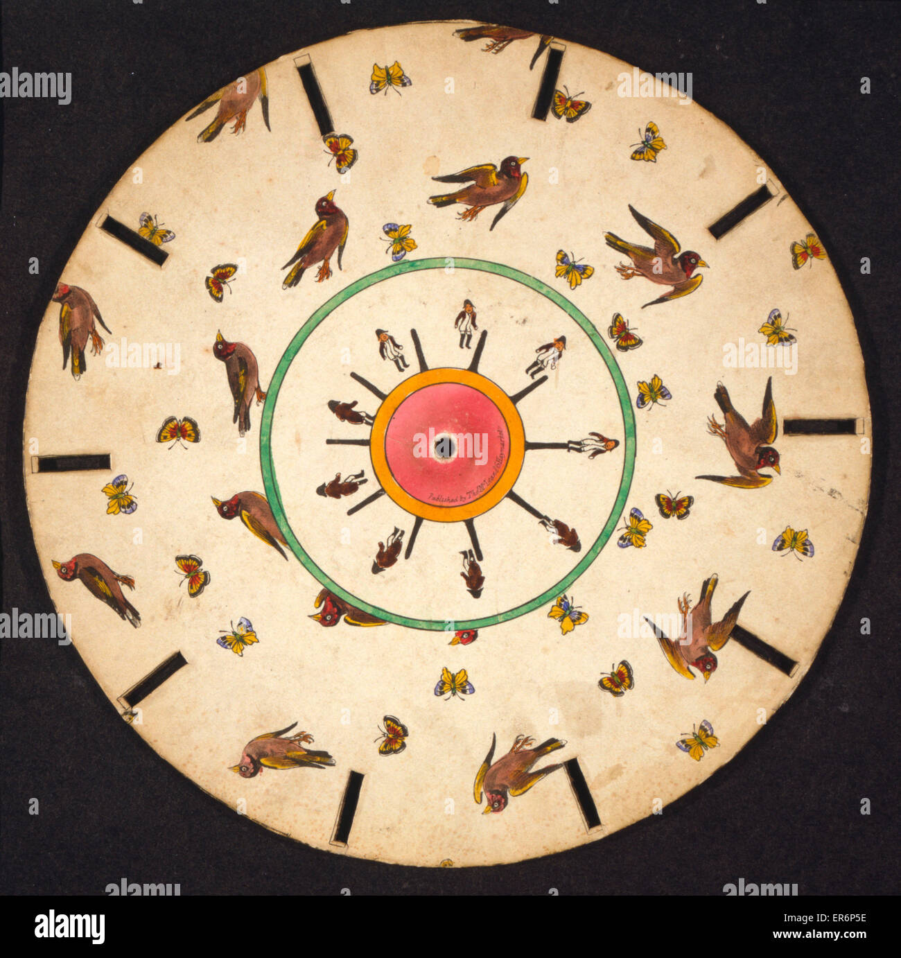 Optical illusion disc with birds, butterflies, and a man jum Stock ...