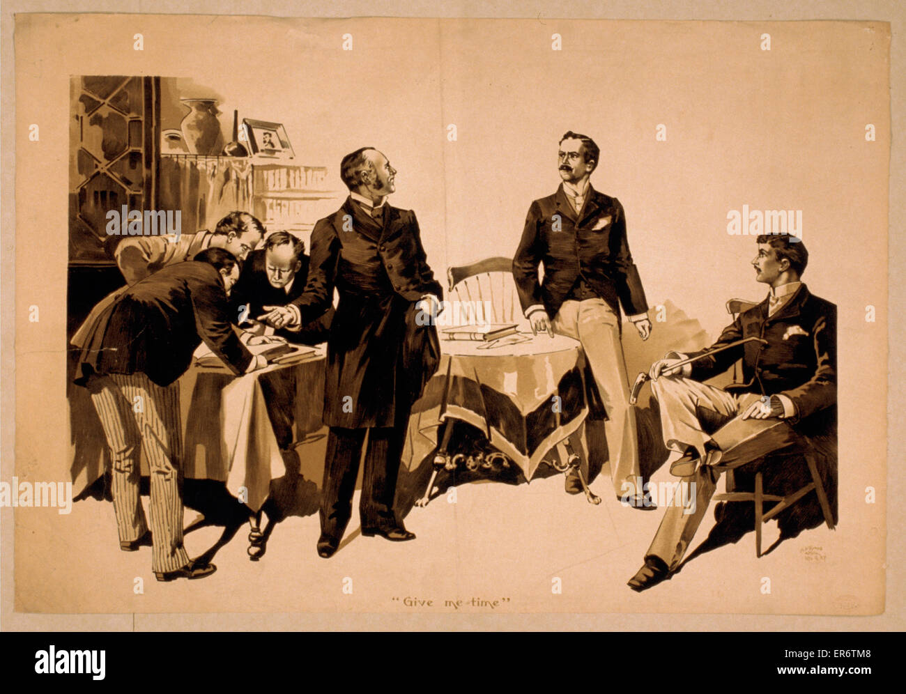 Men examining ledgers with two men to side, one wearing expr Stock ...
