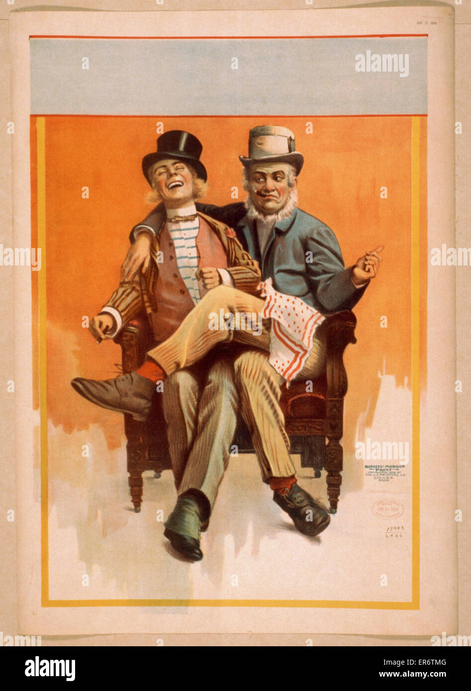 Two men sitting in one chair, one man's leg over the other's Stock ...