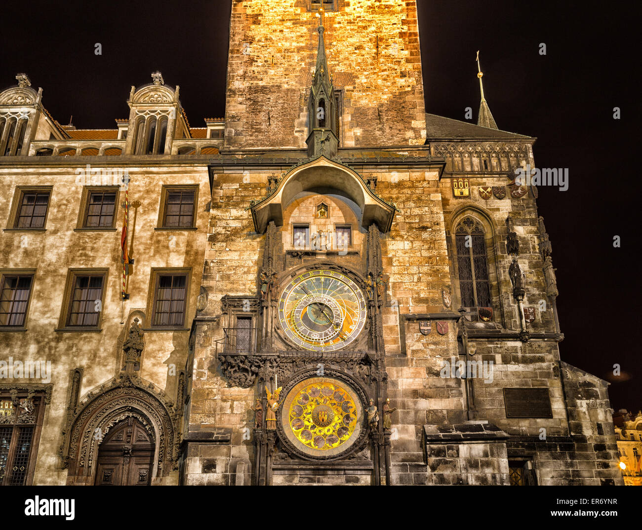 Night view of the medieval astronomical clock in the Old Town square in ...