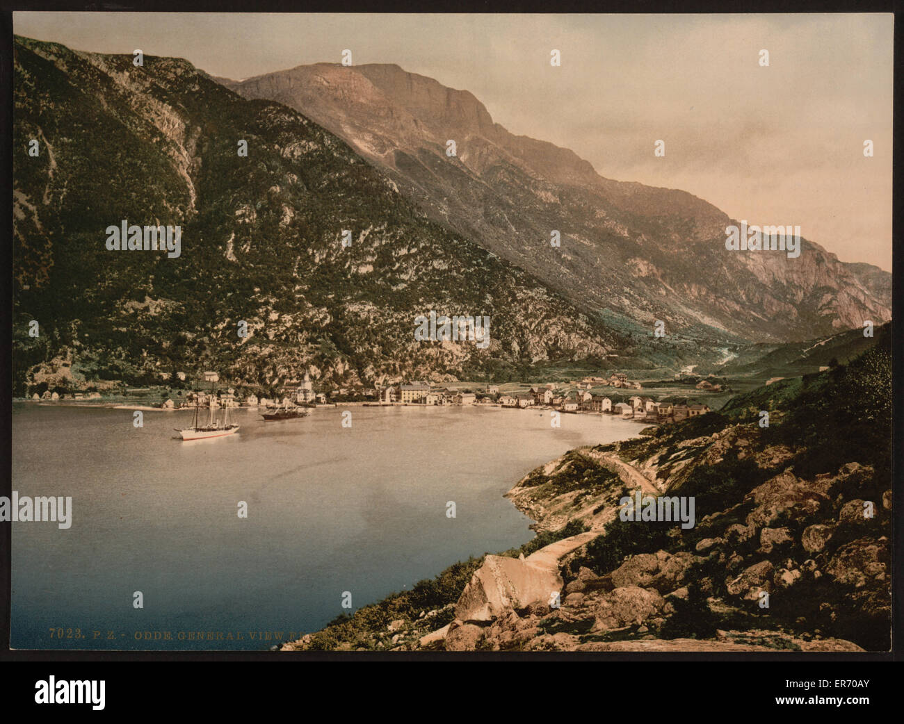 General view from fjord, Odde (i.e. Odda), Hardanger Fjord Stock Photo ...