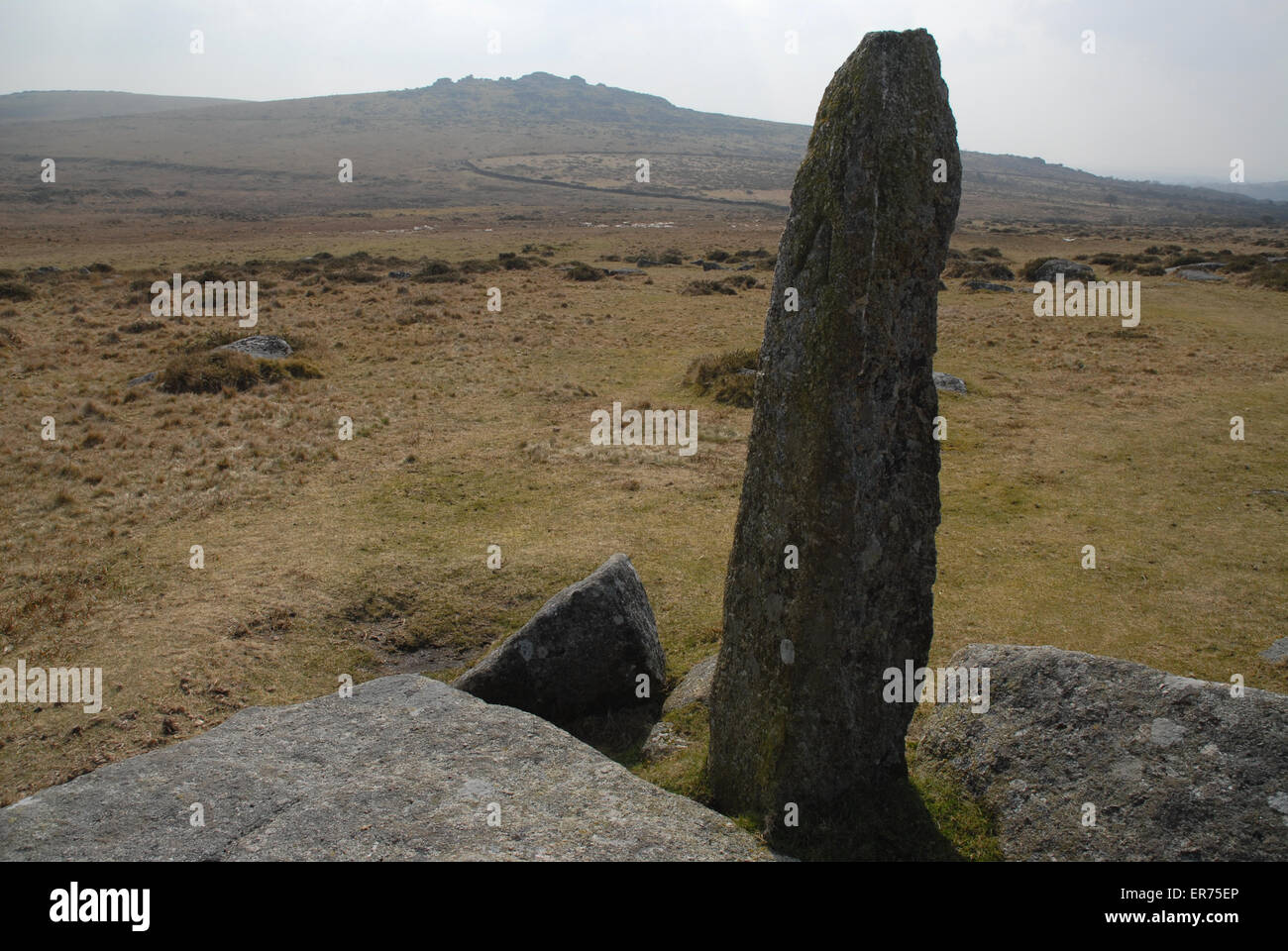 Standing Stone and waymarker at Merrivale, Dartmoor National Park ...