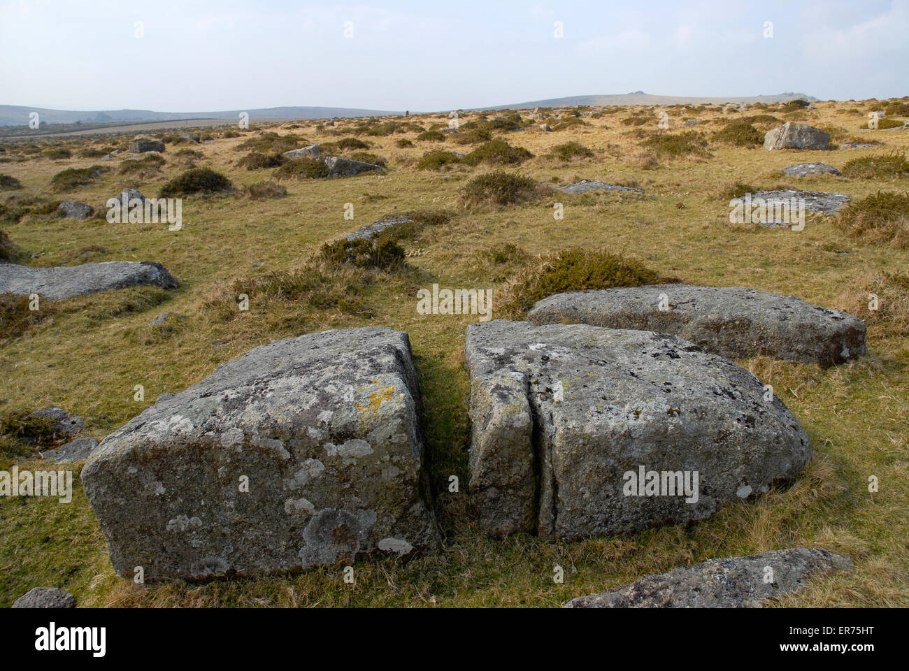 Weathered granite in an empty landscape, Dartmoor National Park, Devon ...