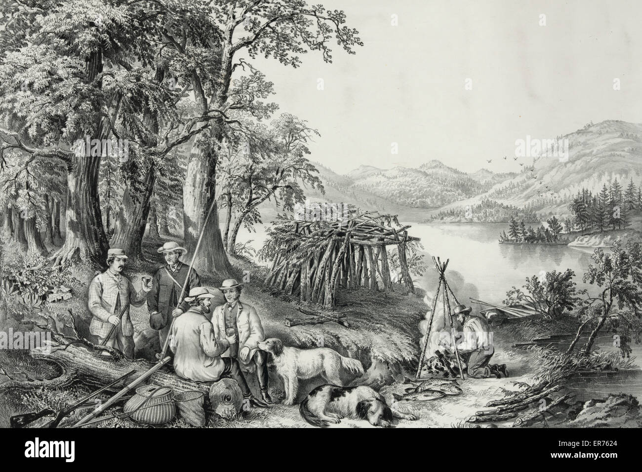 Hunting fishing and forest scenes: shantying, on the lake sh Stock ...