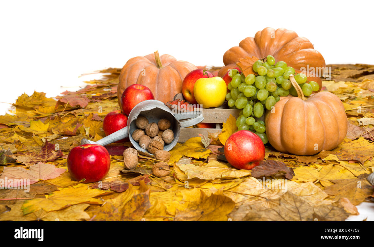 fruits and vegetables on autumn leaves background Stock Photo - Alamy
