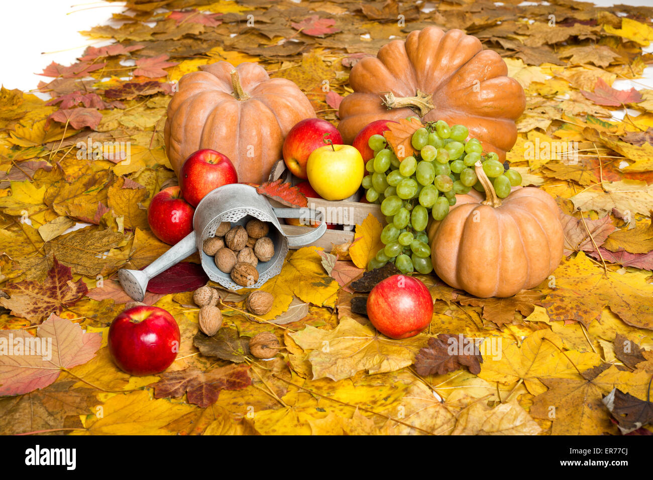 fruits and vegetables on autumn leaves background Stock Photo - Alamy