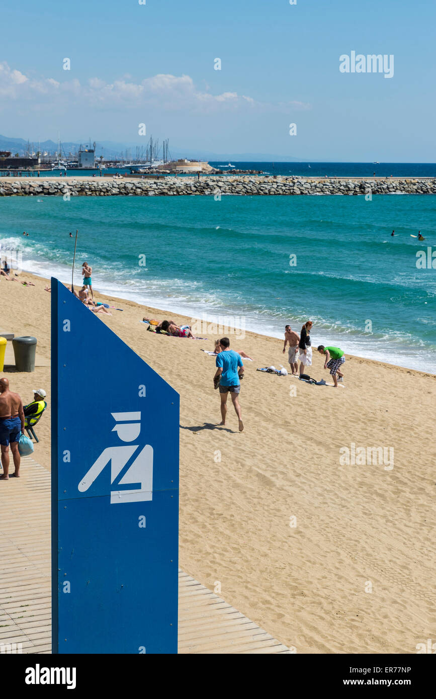 Police station sign on the beach of Barceloneta in Barcelona, Catalonia ...