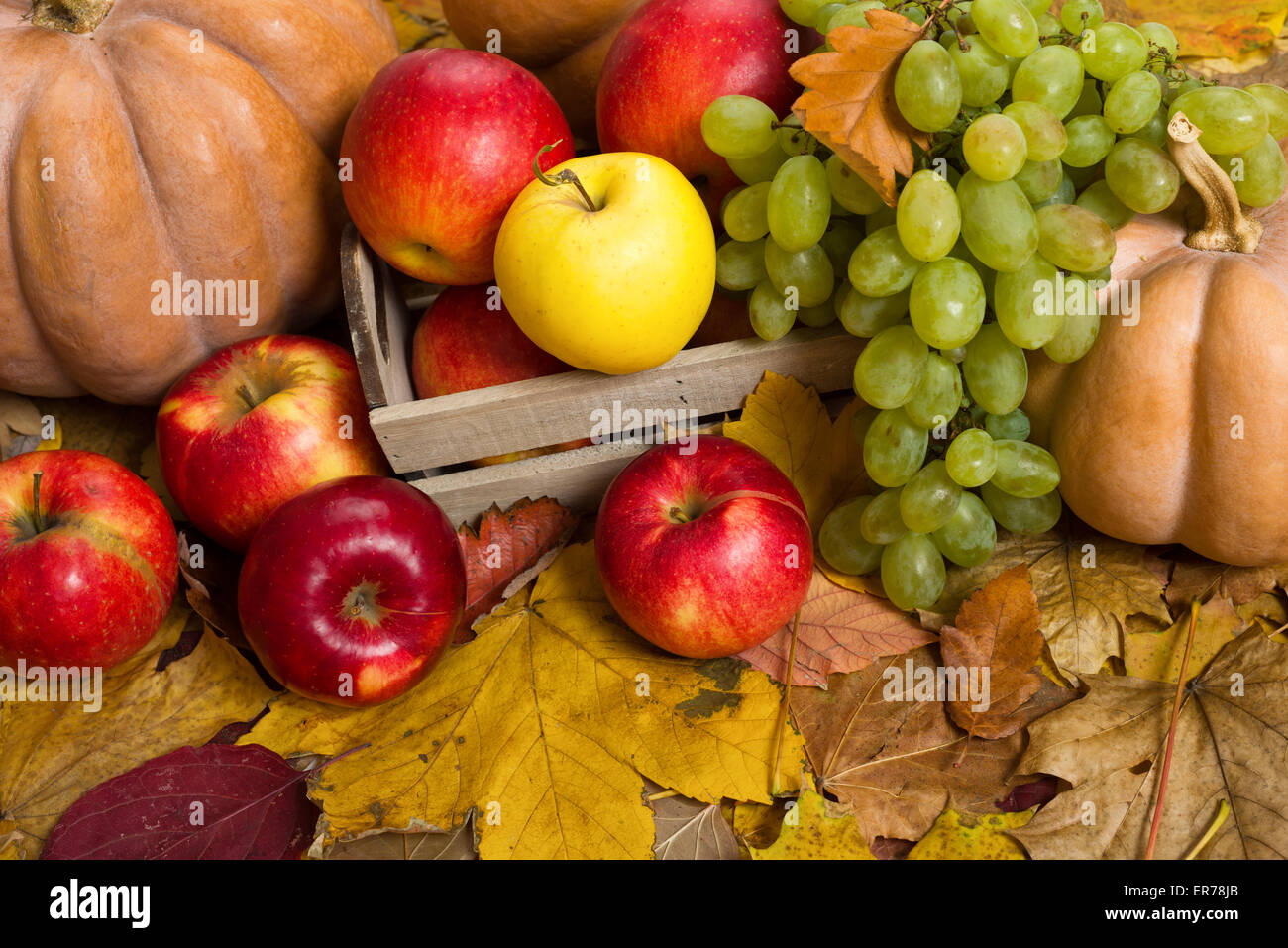fruits and vegetables on autumn leaves background Stock Photo - Alamy