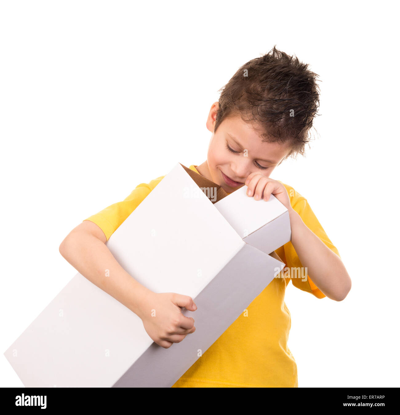 boy portrait with gift box on white Stock Photo - Alamy