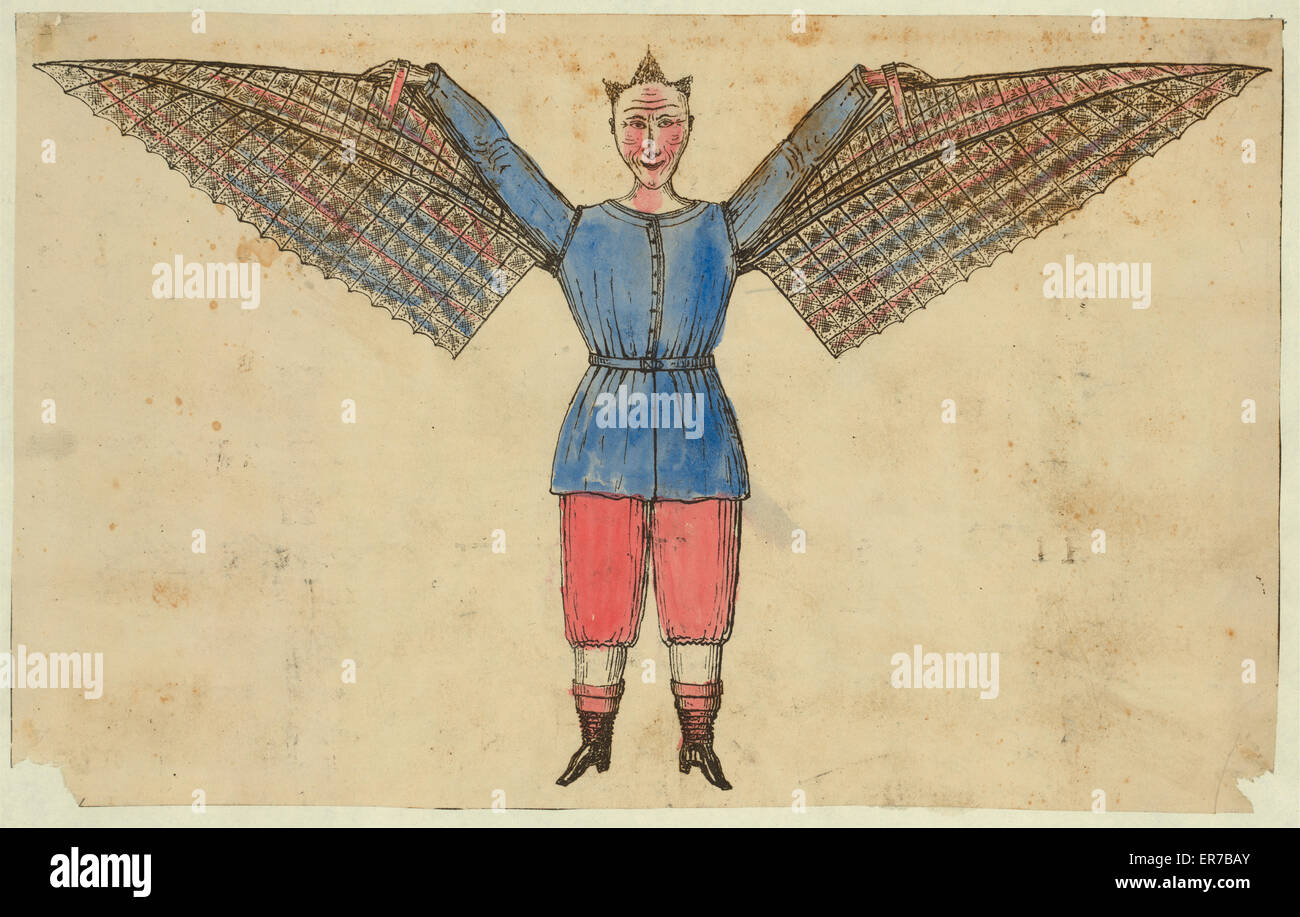 Humorous portrayal of a man who flies with wings attached to Stock ...