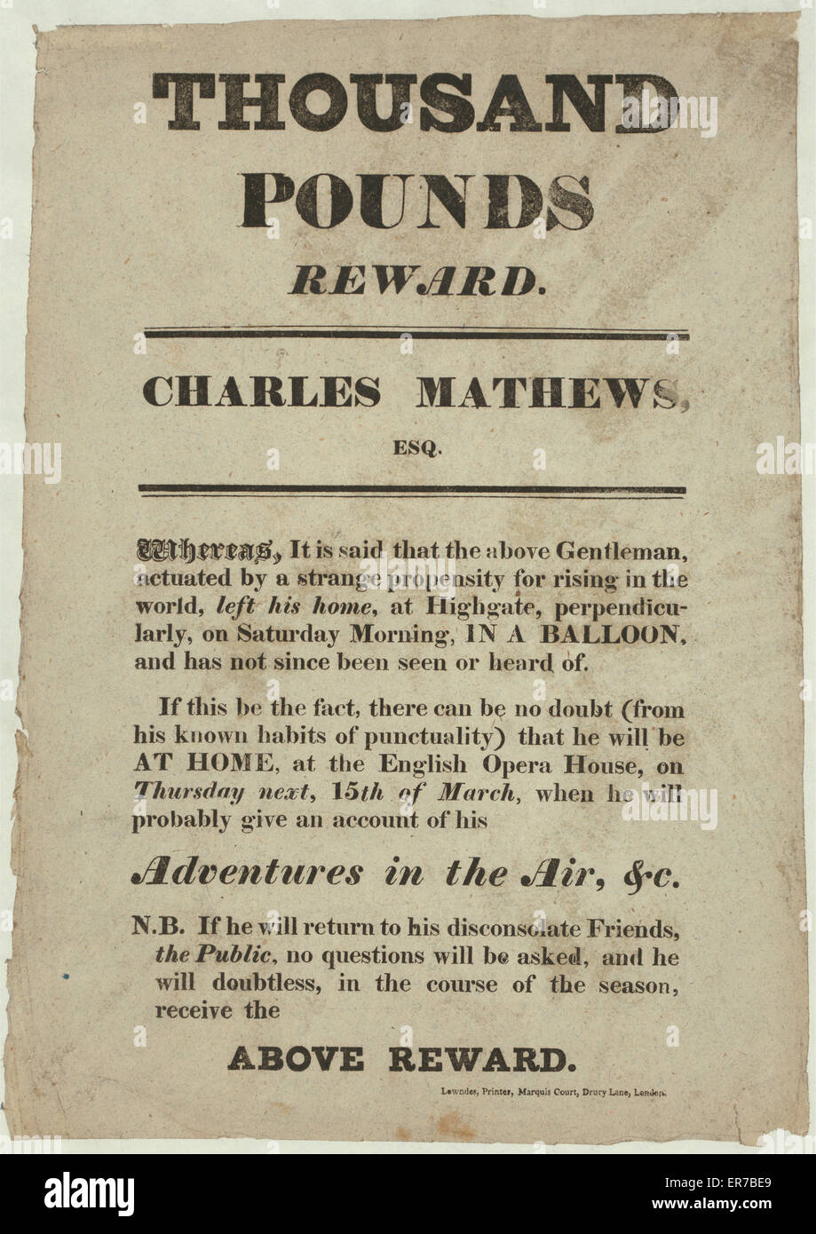Thousand pounds reward. Charles Mathews, Esq Stock Photo - Alamy