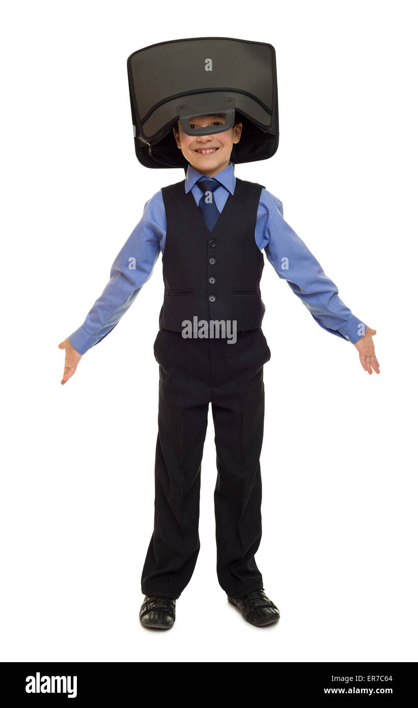 boy in suit with briefcase on his head isolated Stock Photo - Alamy