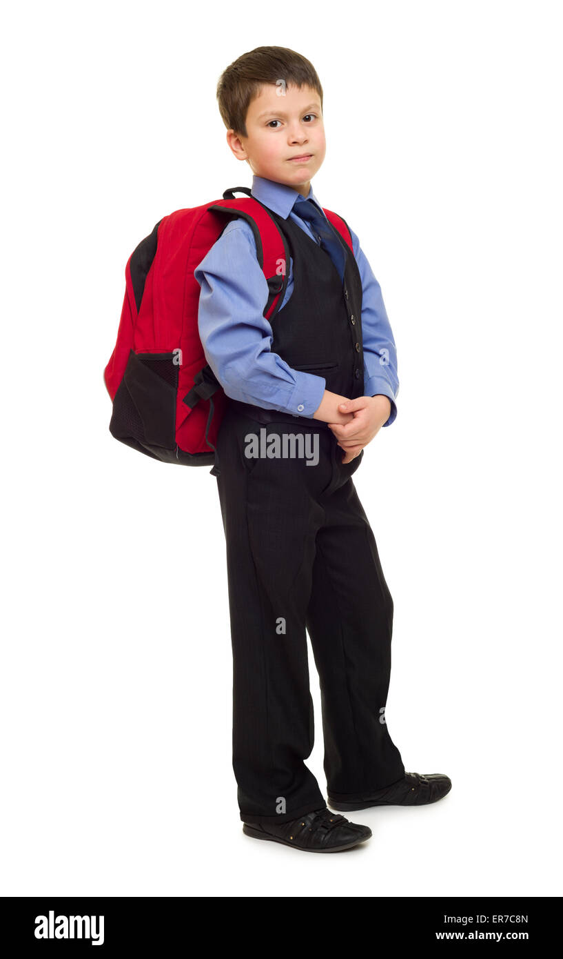 boy in suit with backpack on white Stock Photo - Alamy