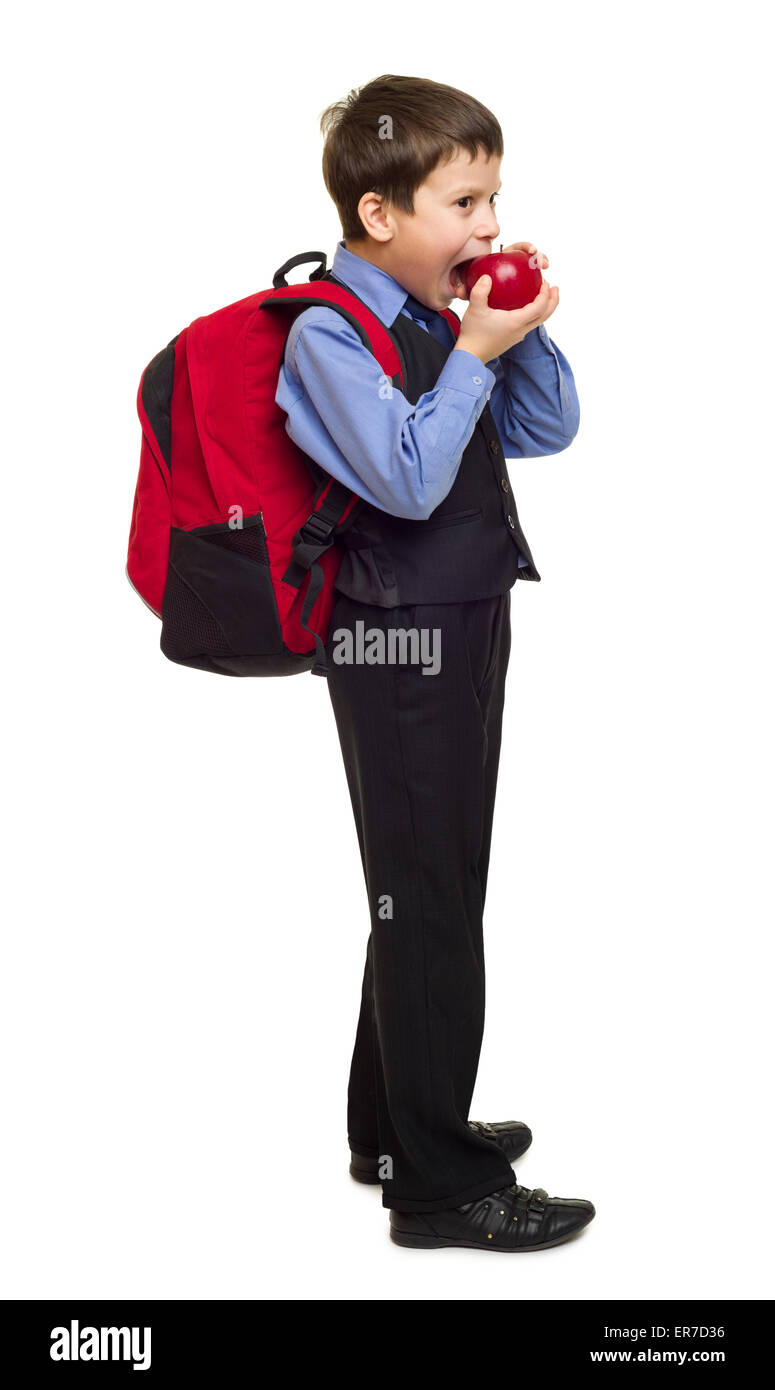 boy in suit with backpack on white Stock Photo - Alamy