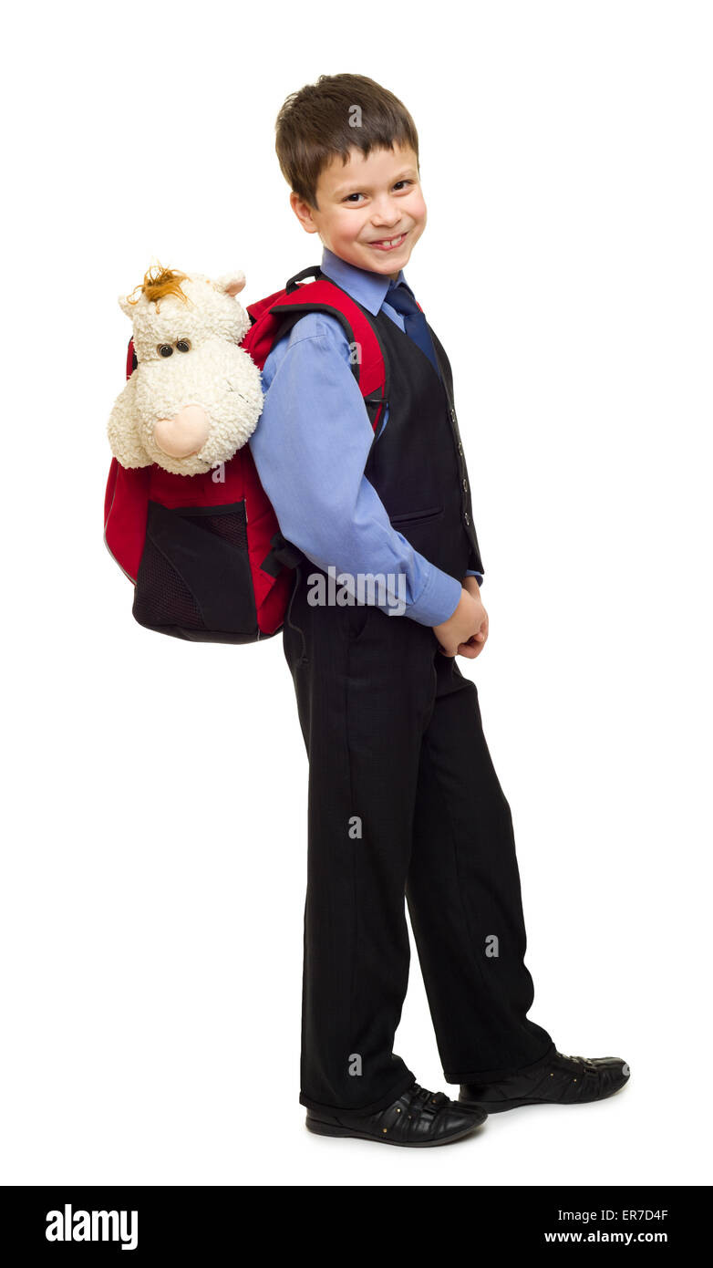 boy in suit with backpack on white Stock Photo - Alamy