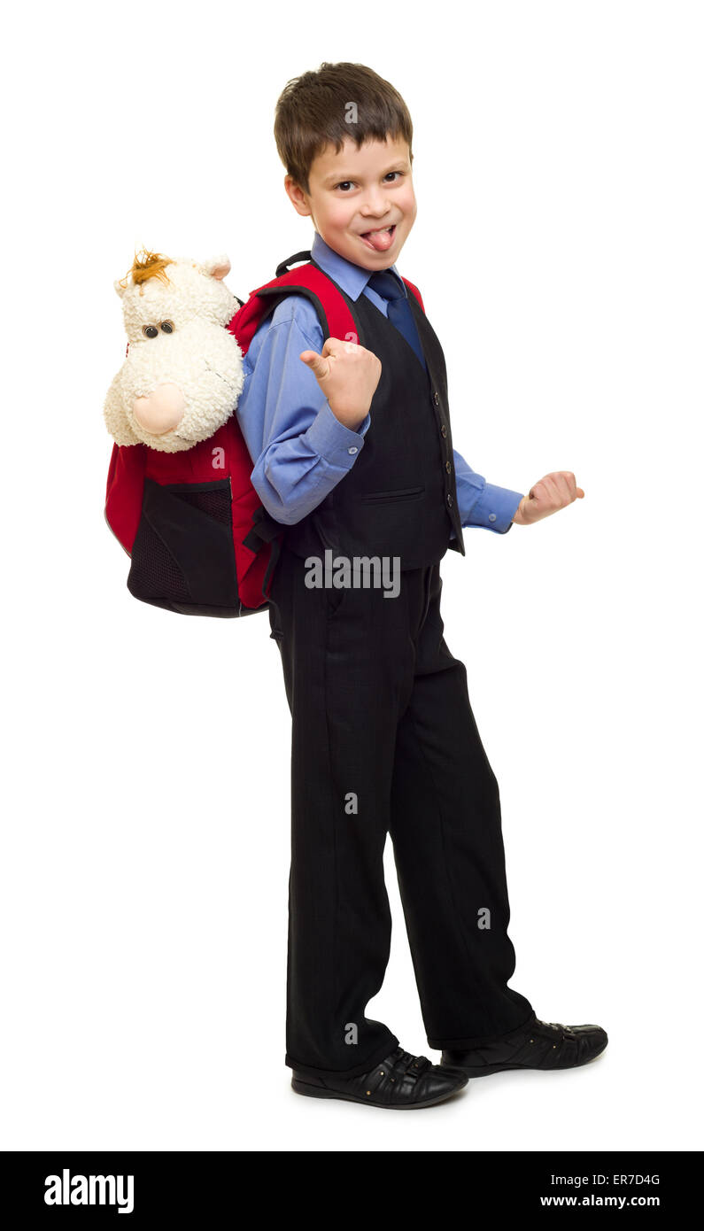 boy in suit with backpack on white Stock Photo - Alamy