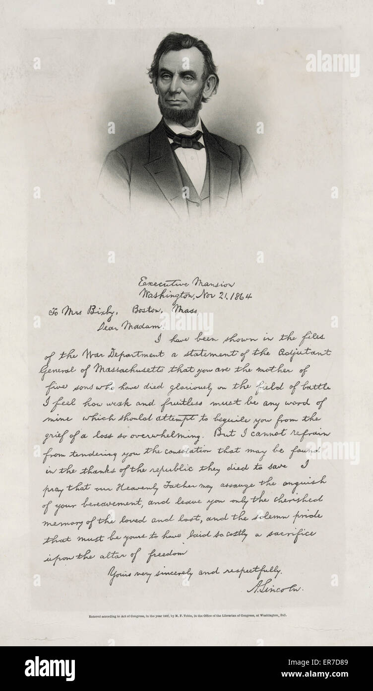 Letter from Abraham Lincoln to Mrs. Bixby, with bust-length Stock Photo ...