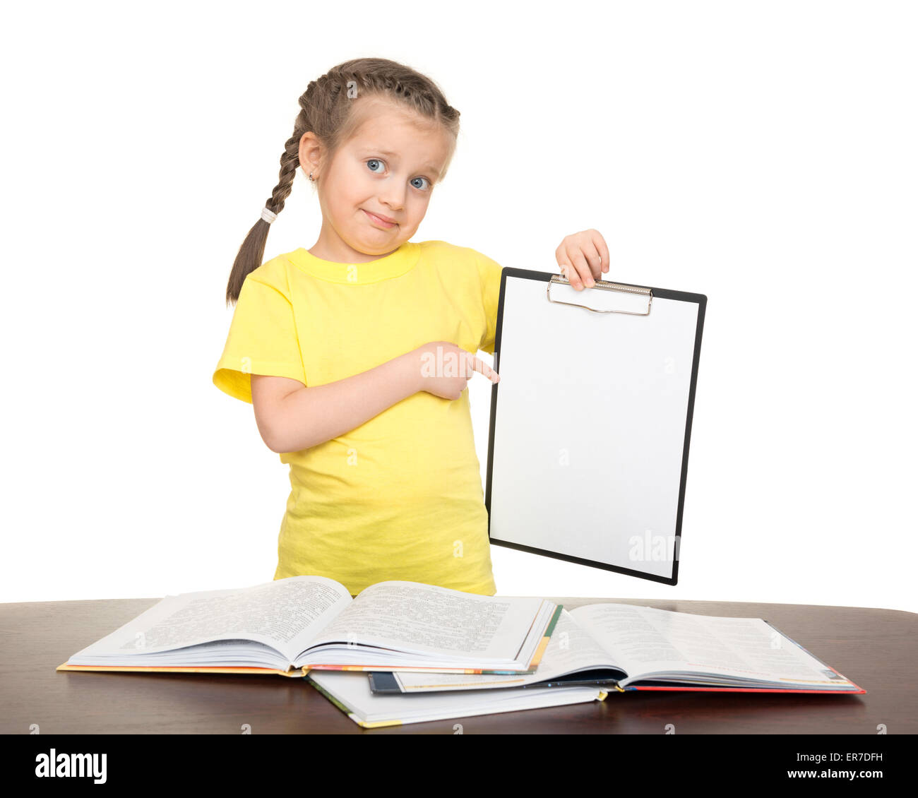 girl with clipboard and books on white Stock Photo - Alamy