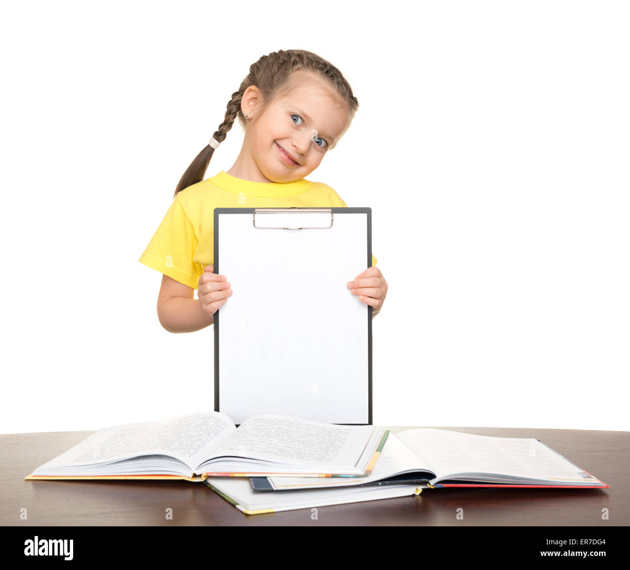 girl with clipboard and books on white Stock Photo - Alamy