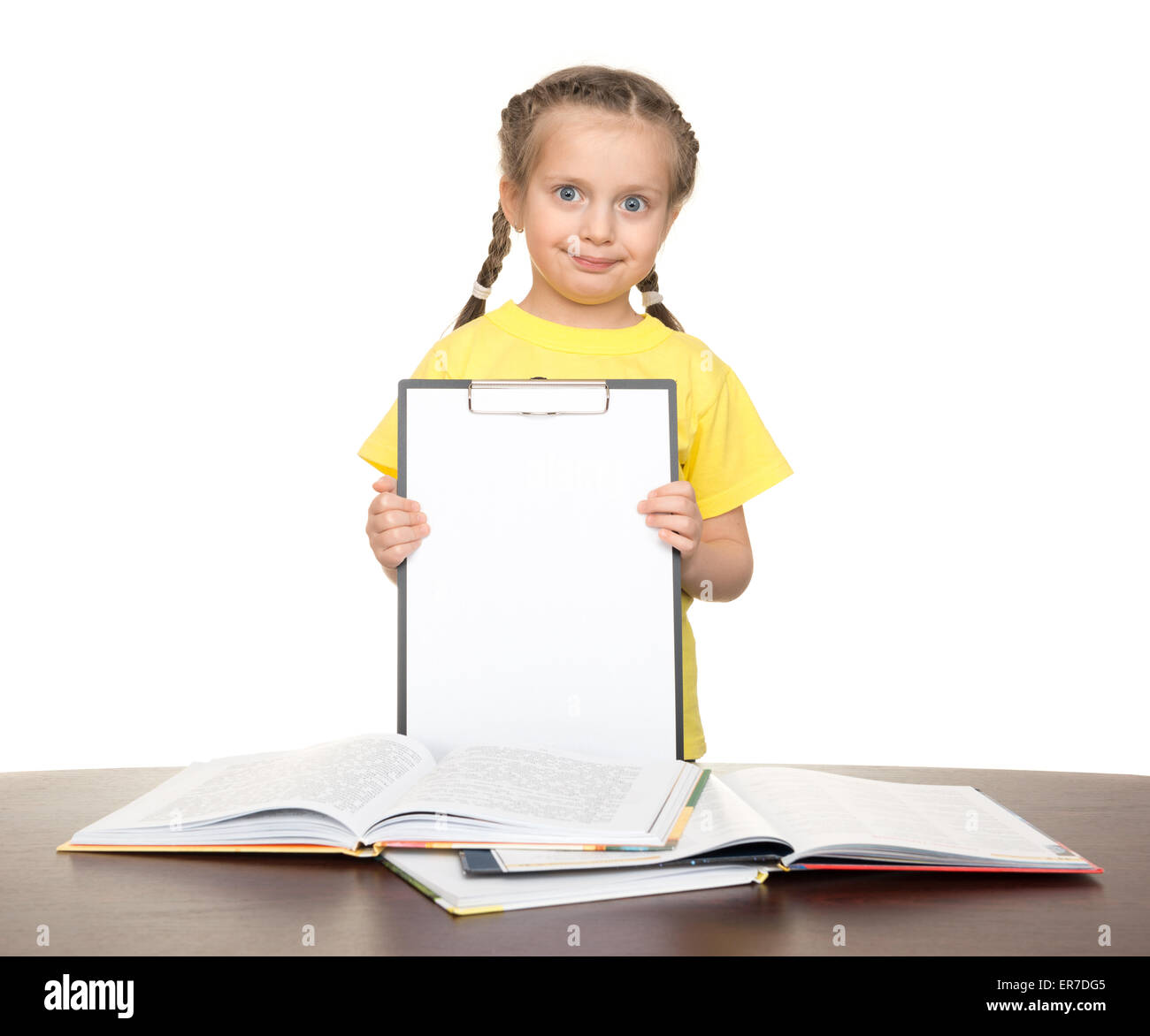 girl with clipboard and books on white Stock Photo - Alamy