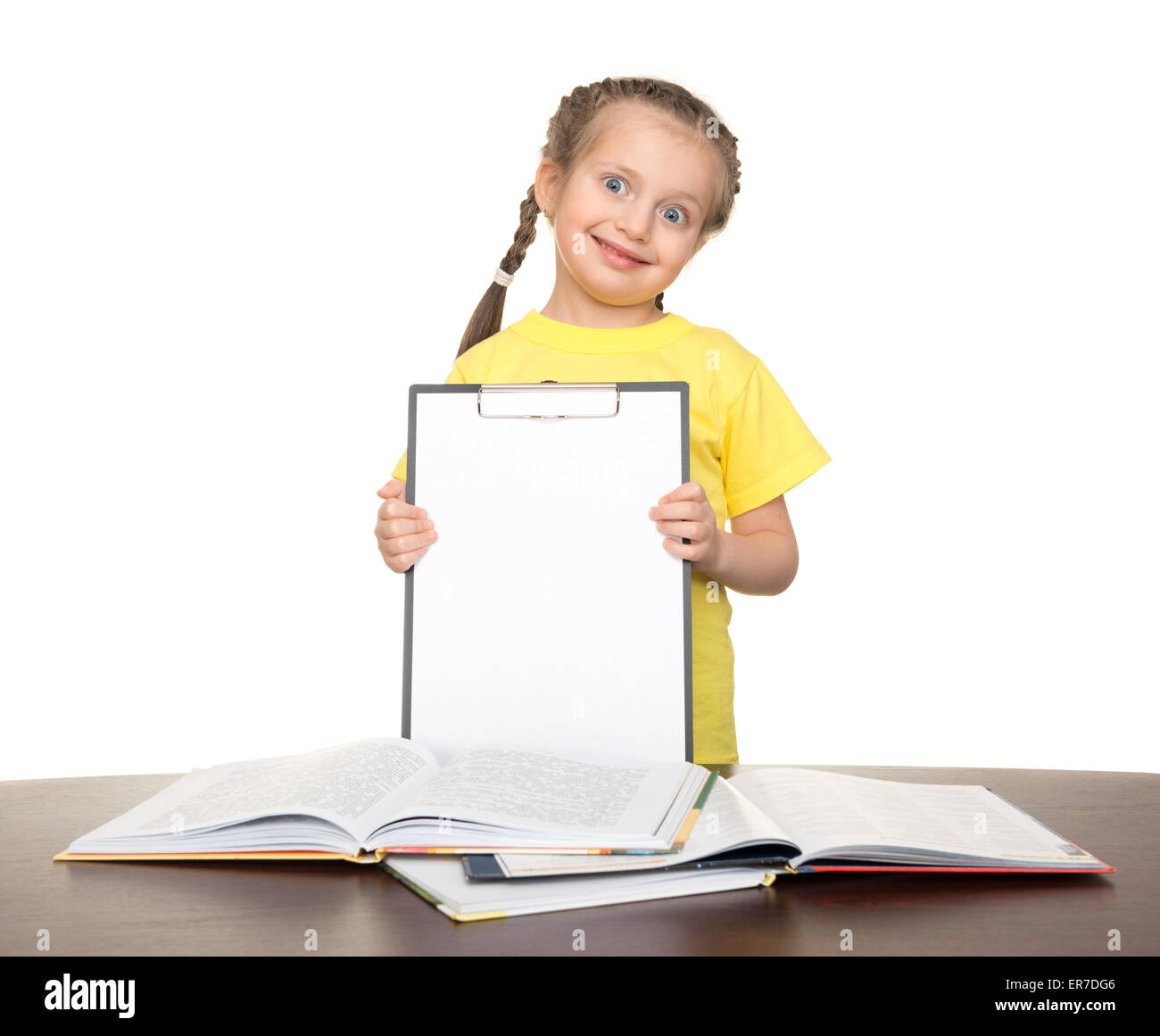 girl with clipboard and books on white Stock Photo - Alamy