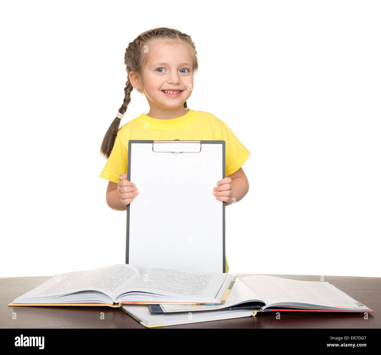 girl with clipboard and books on white Stock Photo - Alamy