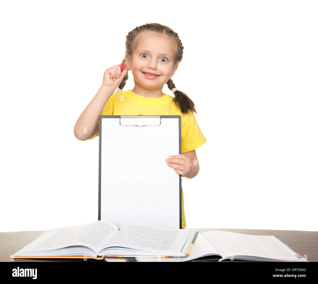 girl with clipboard and books on white Stock Photo - Alamy
