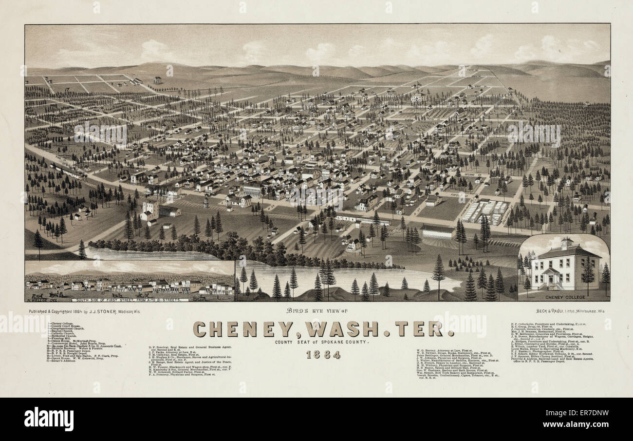 Bird's Eye View of Cheney, Wash. Ter., County seat of Spokan Stock ...