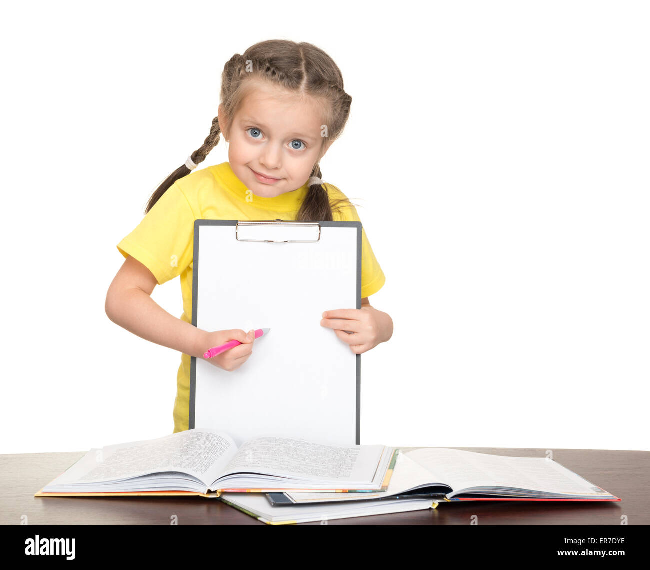 girl with clipboard and books on white Stock Photo - Alamy
