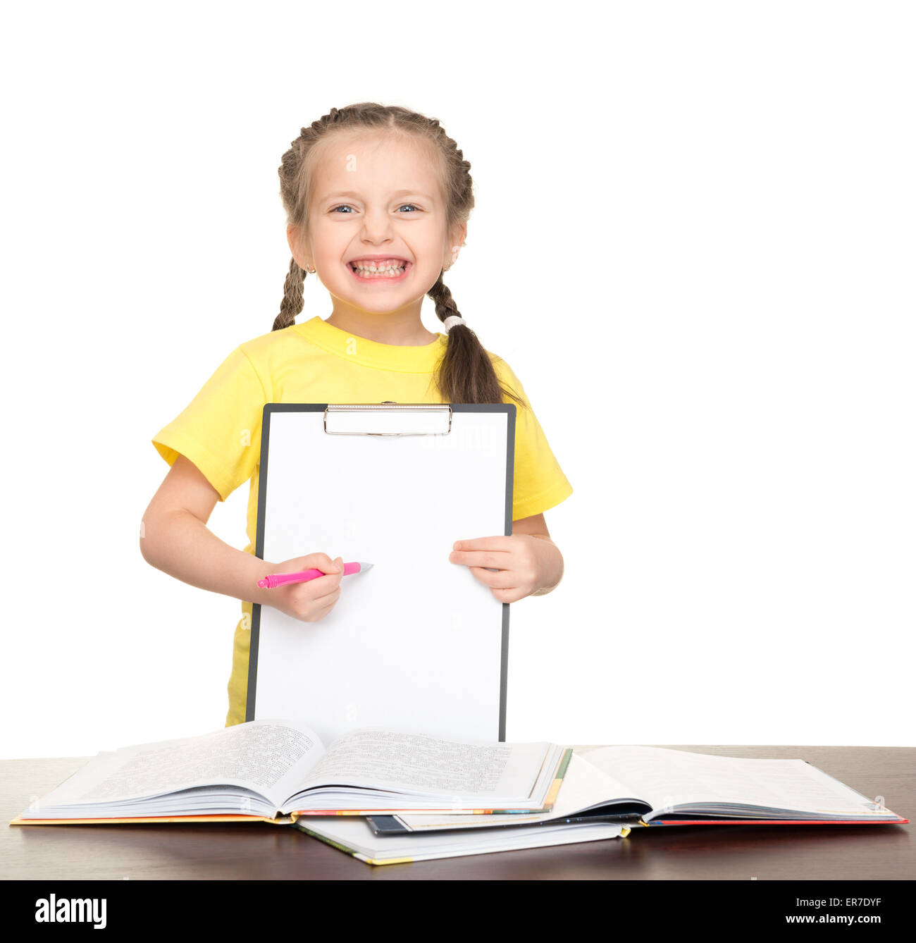 girl with clipboard and books on white Stock Photo - Alamy
