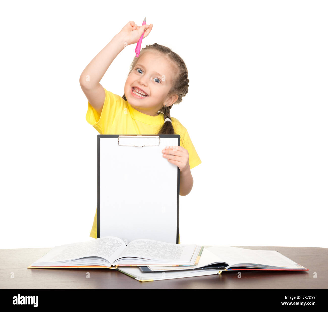 girl with clipboard and books on white Stock Photo - Alamy