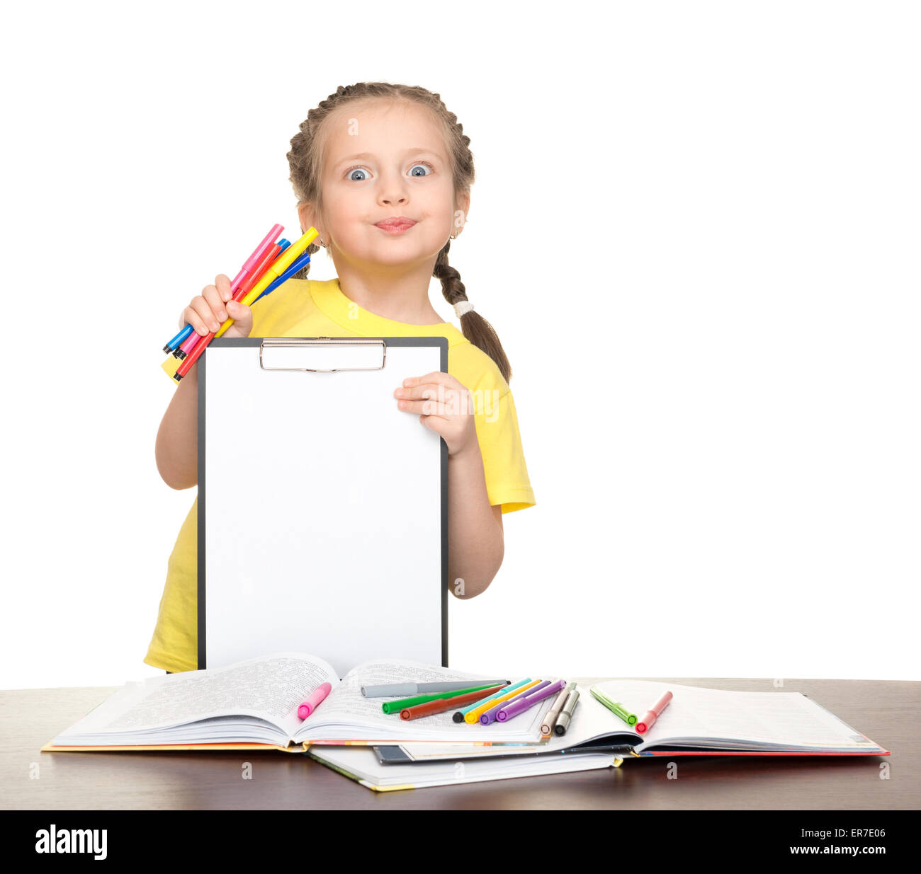 girl with clipboard and books on white Stock Photo - Alamy