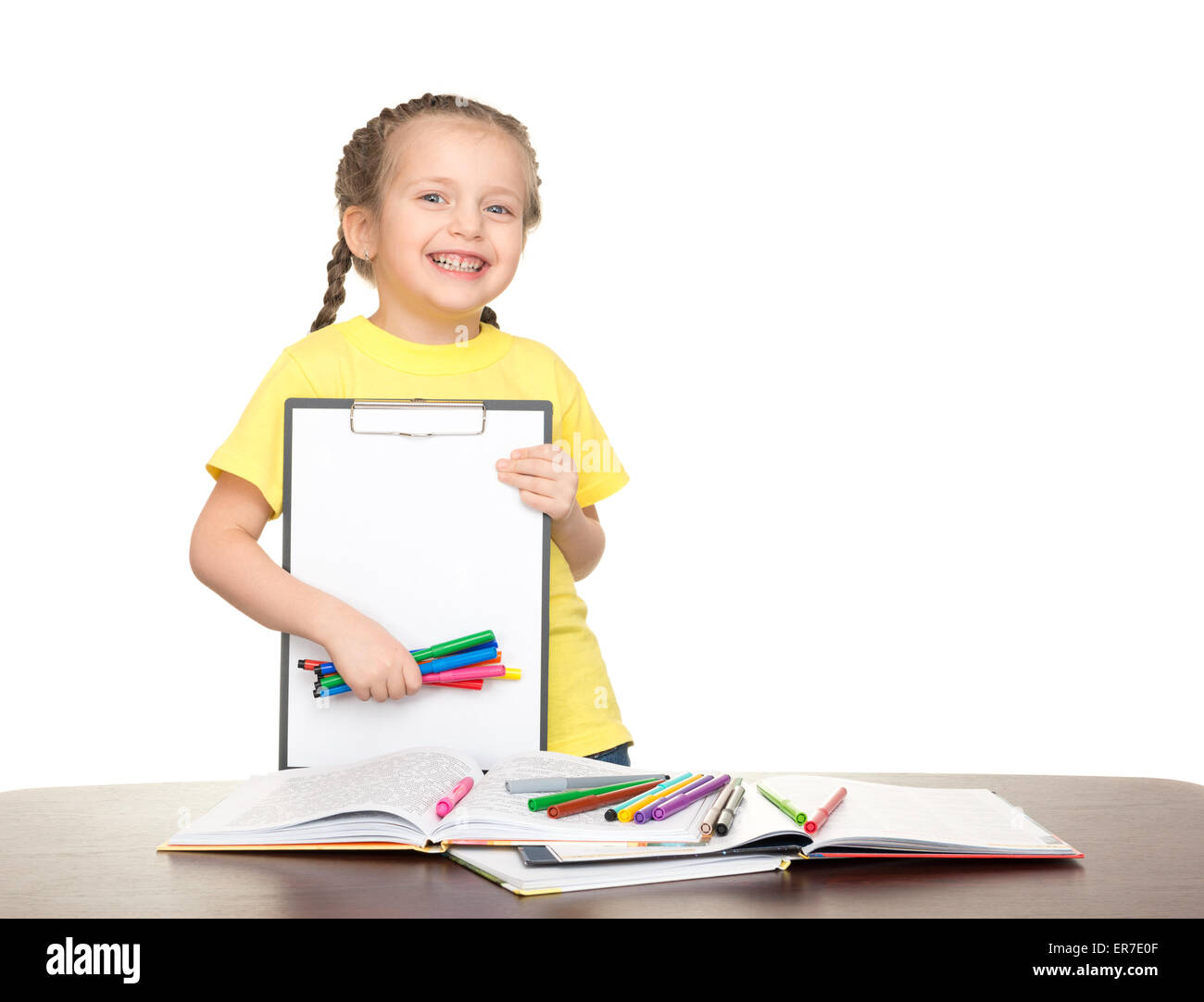girl with clipboard and books on white Stock Photo - Alamy