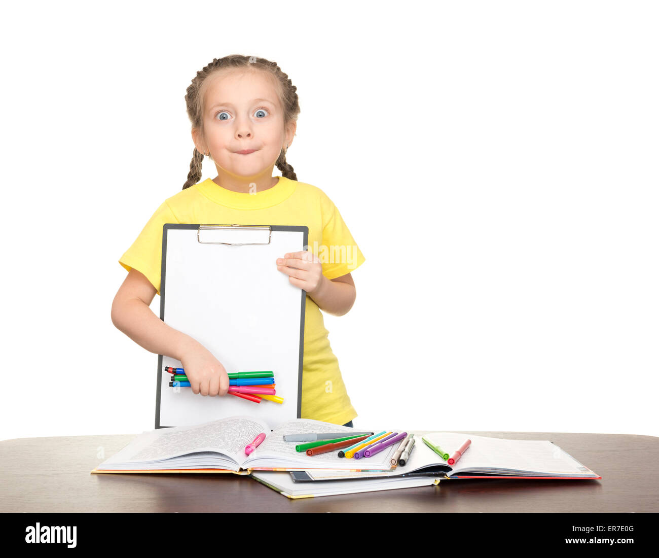 girl with clipboard and books on white Stock Photo - Alamy