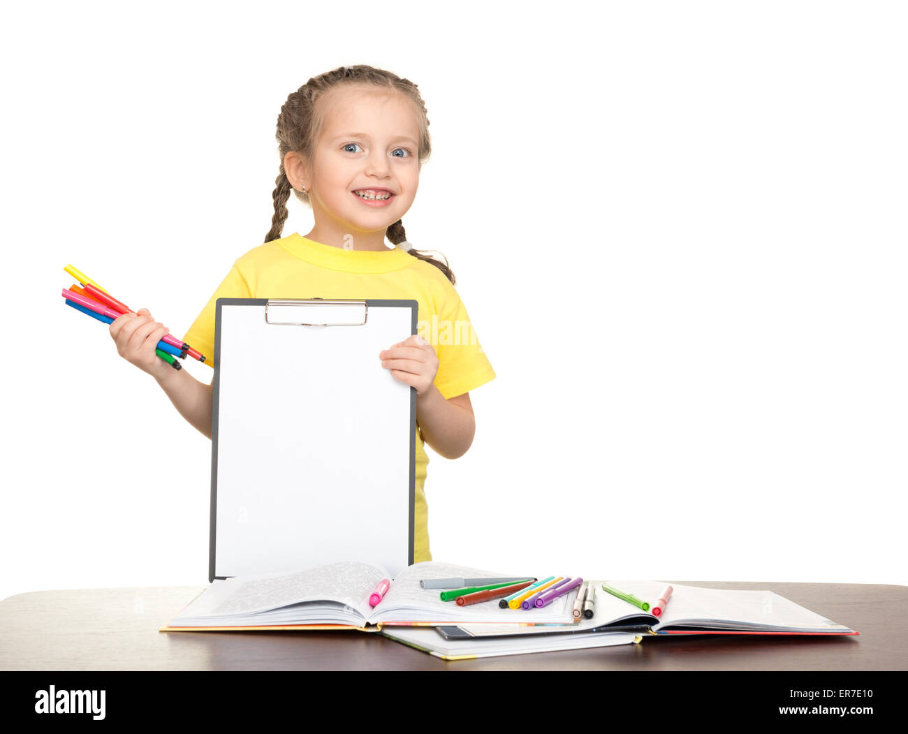 girl with clipboard and books on white Stock Photo - Alamy
