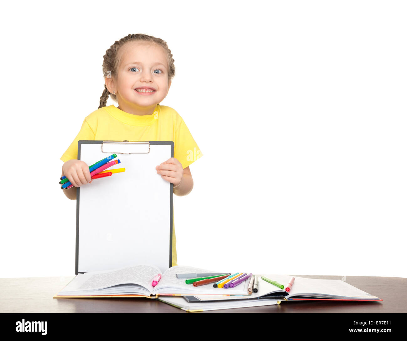 girl with clipboard and books on white Stock Photo - Alamy