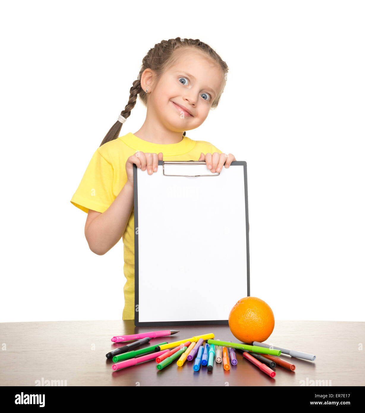 girl with clipboard and felt pen on white Stock Photo - Alamy
