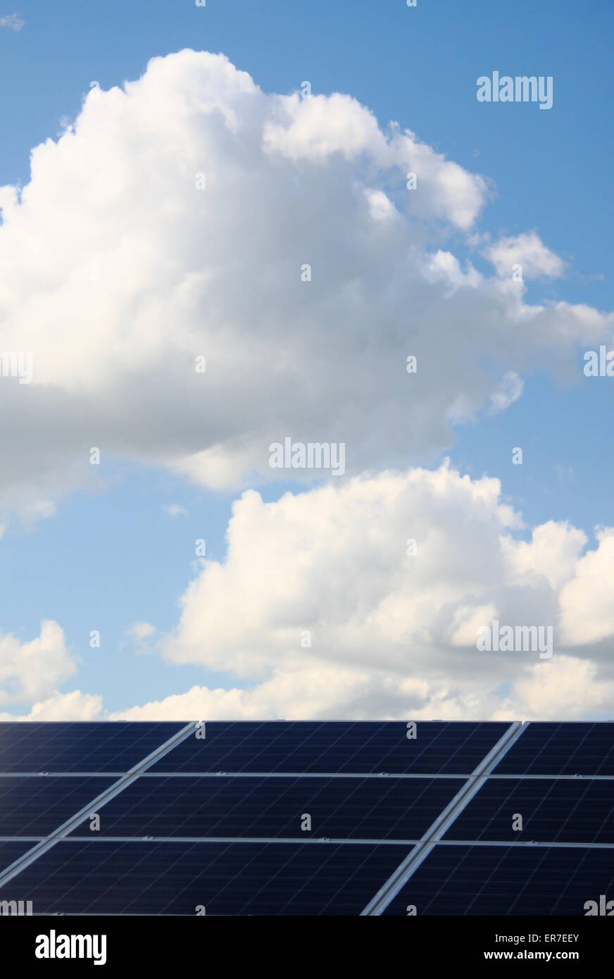 Photovoltaic panels in a solar farm on a cloudy day, Nottinghamshire ...