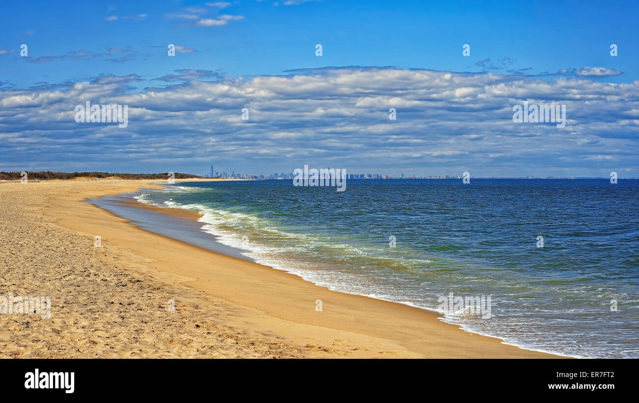 Ocean shore and view to NYC from Sandy Hook, NJ at windy weather Stock ...
