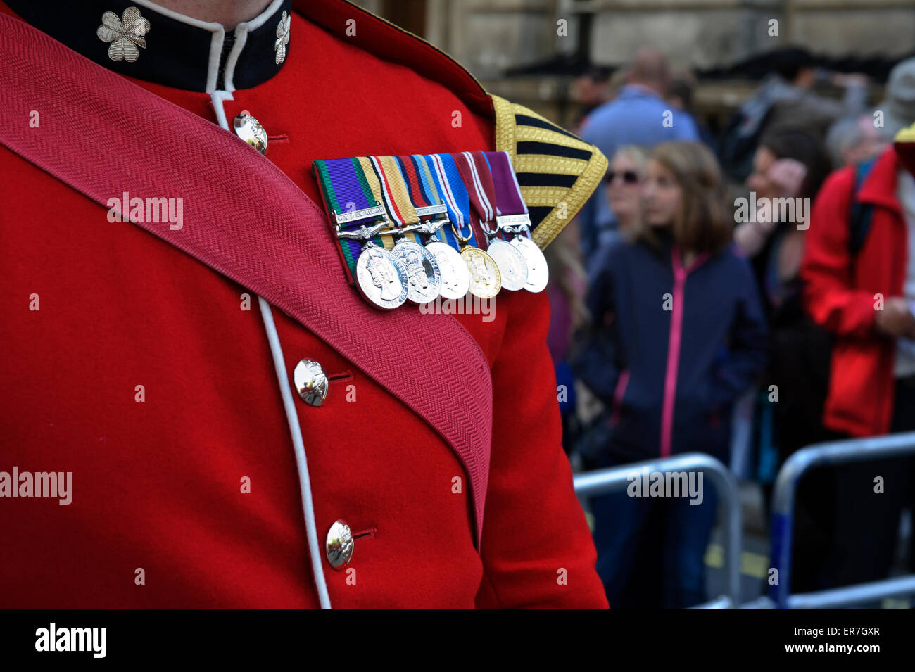 Bravery medals on a Queen's guard red uniform, London, England, United ...