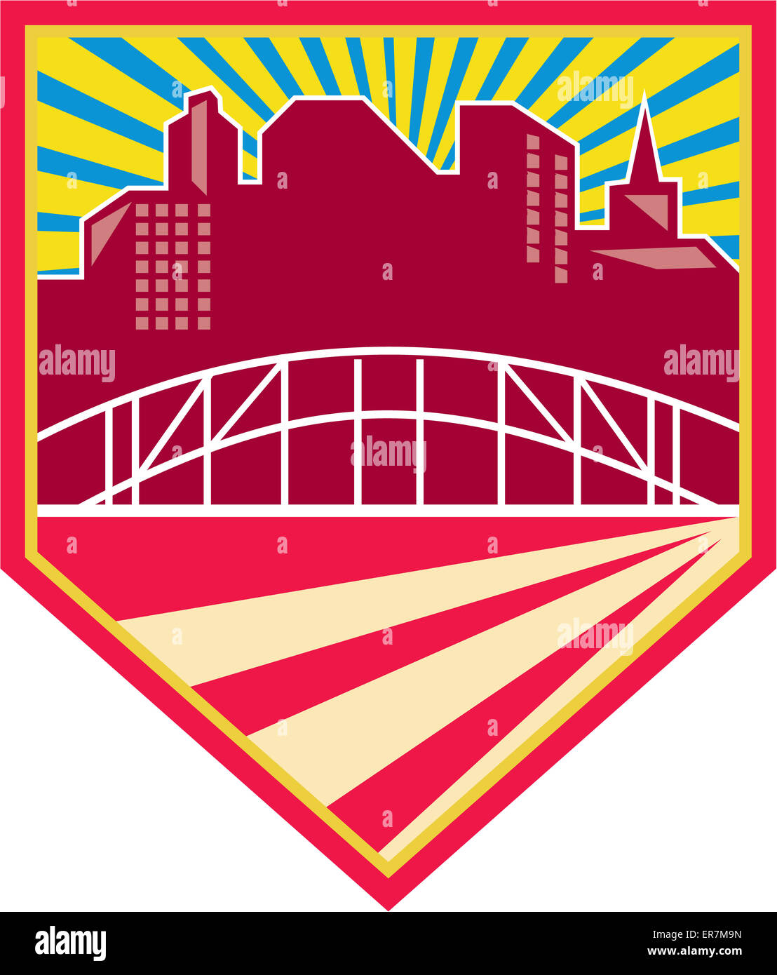 Illustration of skyscraper urban buildings and bridge set inside shield ...