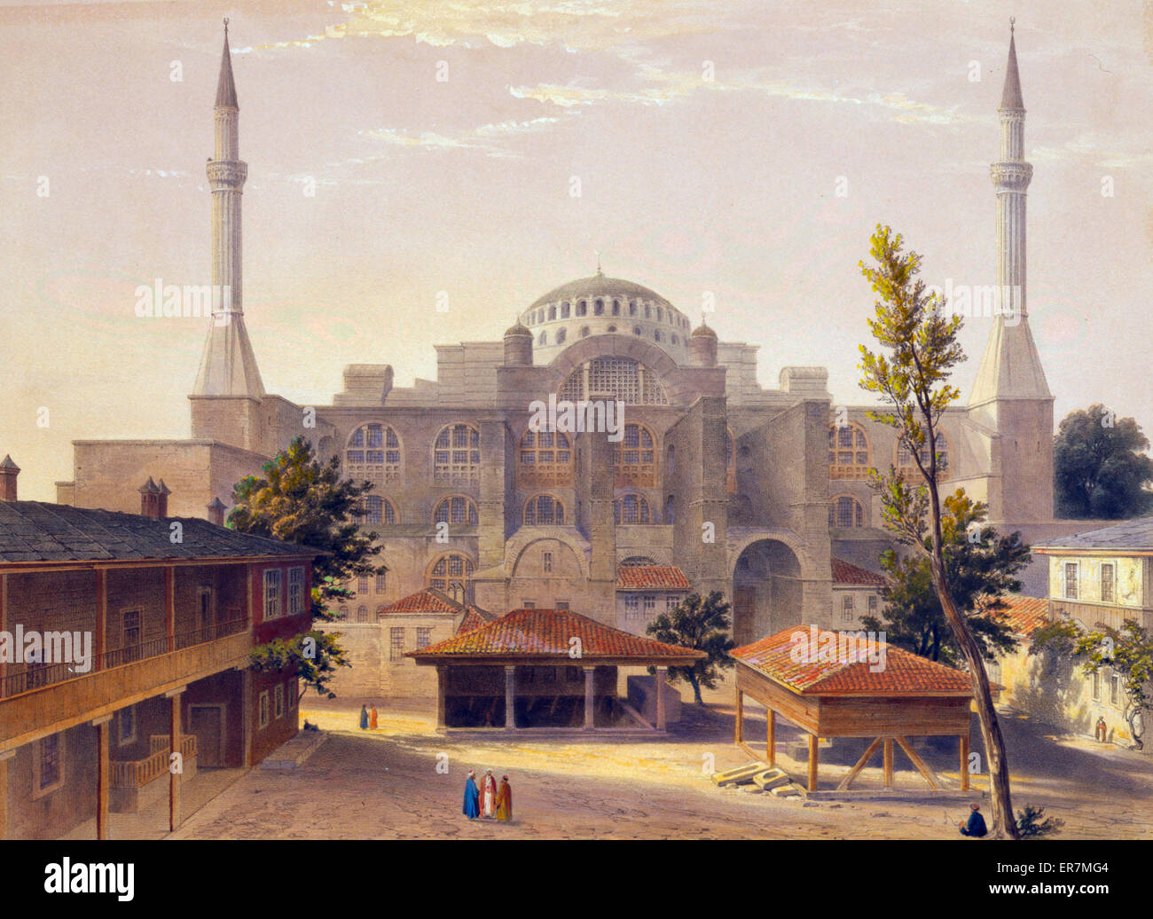 Print shows madrasah courtyard and exterior of Ayasofya Mosq Stock ...