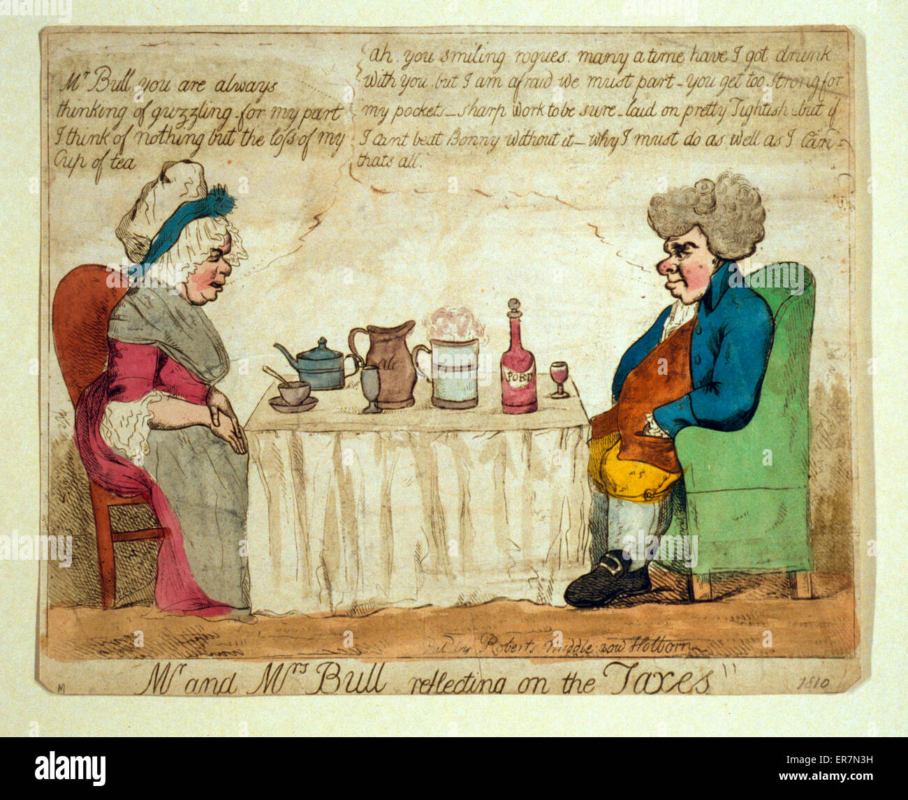 Mr. and Mrs. Bull reflecting on the taxes Stock Photo - Alamy