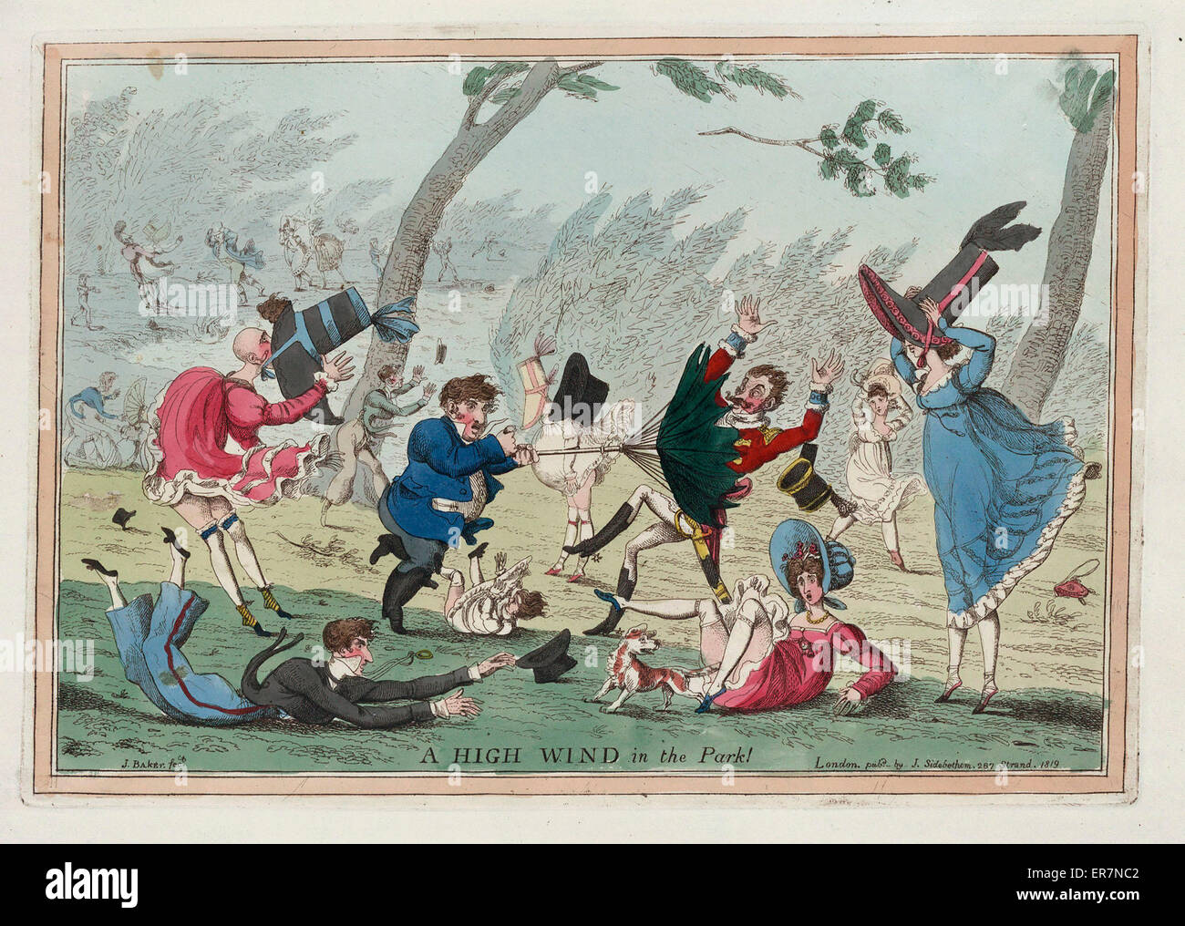 A high wind in the park!. Print shows a strong wind blowing down men ...