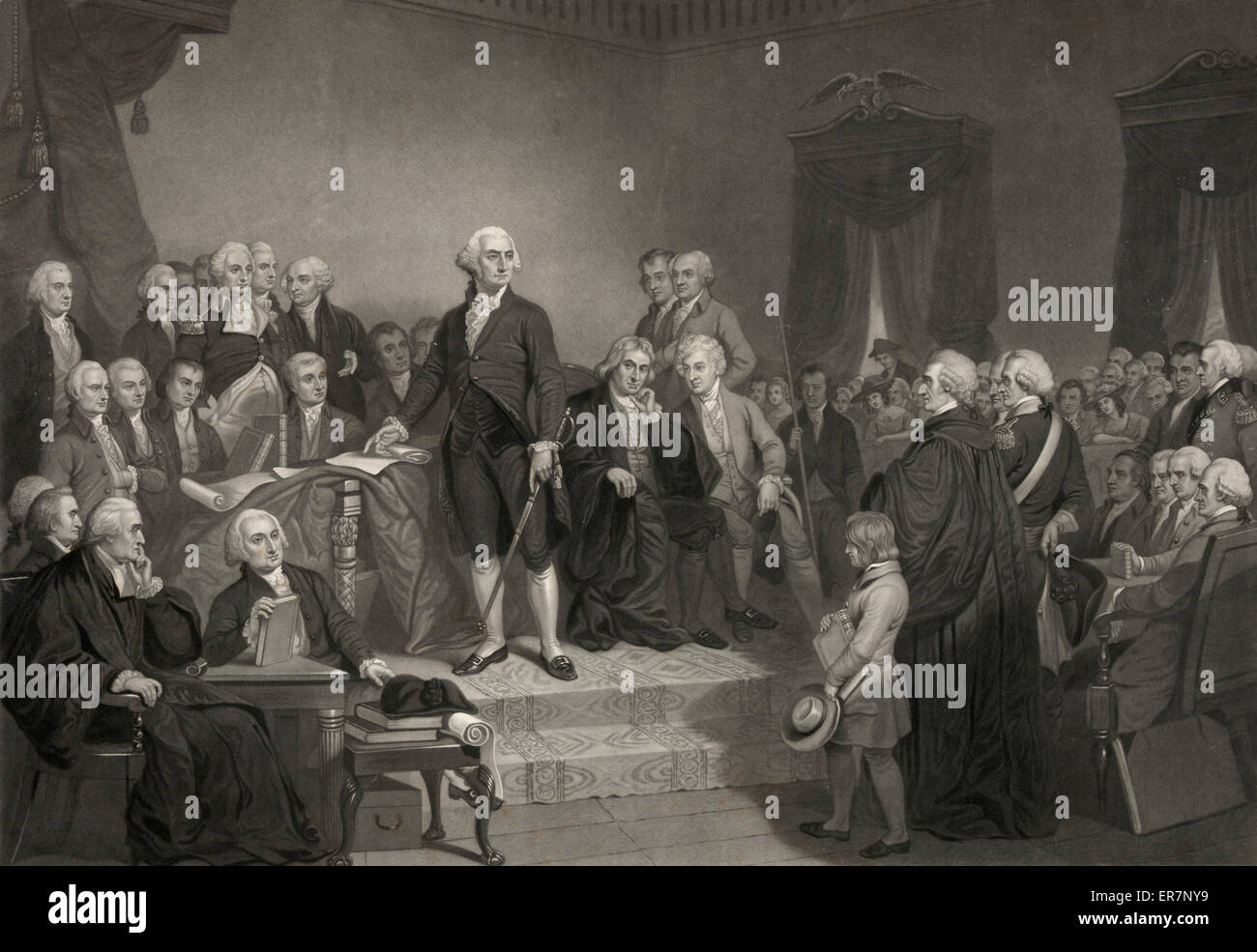 Washington delivering his inaugural address April 1789, in the old city ...