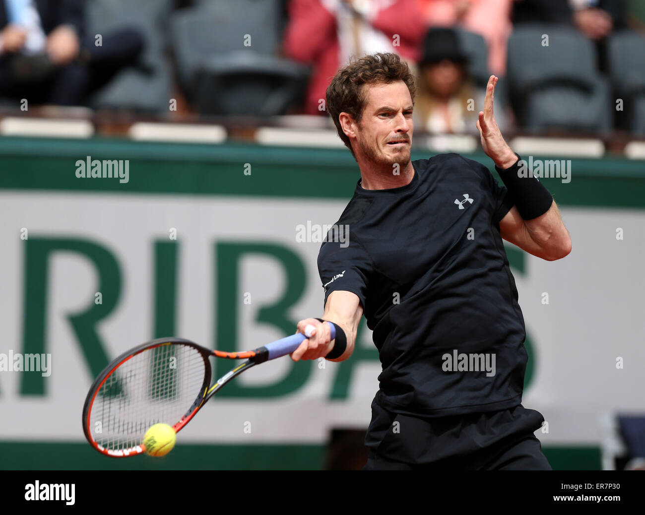 Paris, France. 28th May, 2015. Andy Murray of Britain hits a return ...